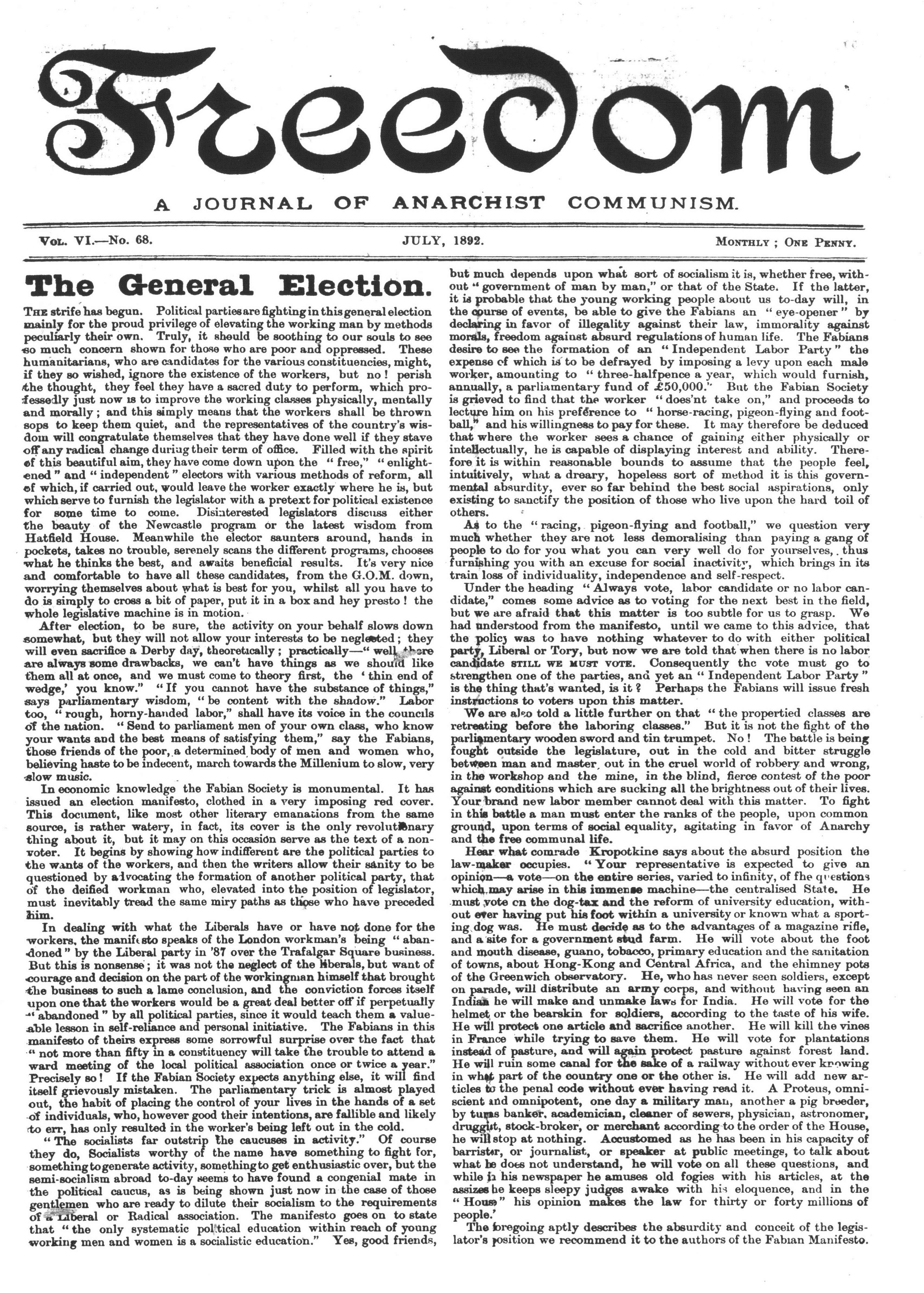 Freedom vol 6. no 68 (July 1892) | libcom.org